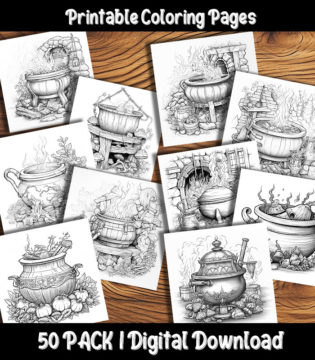 Cauldron Coloring Pages Digital 50 Pack | Happy Colorist