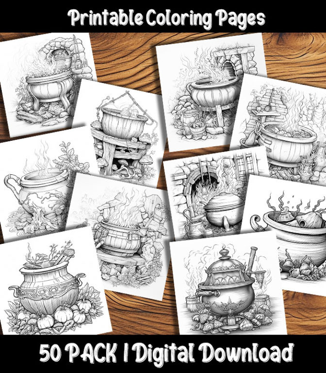 Cauldron Coloring Pages Digital 50 Pack | Happy Colorist