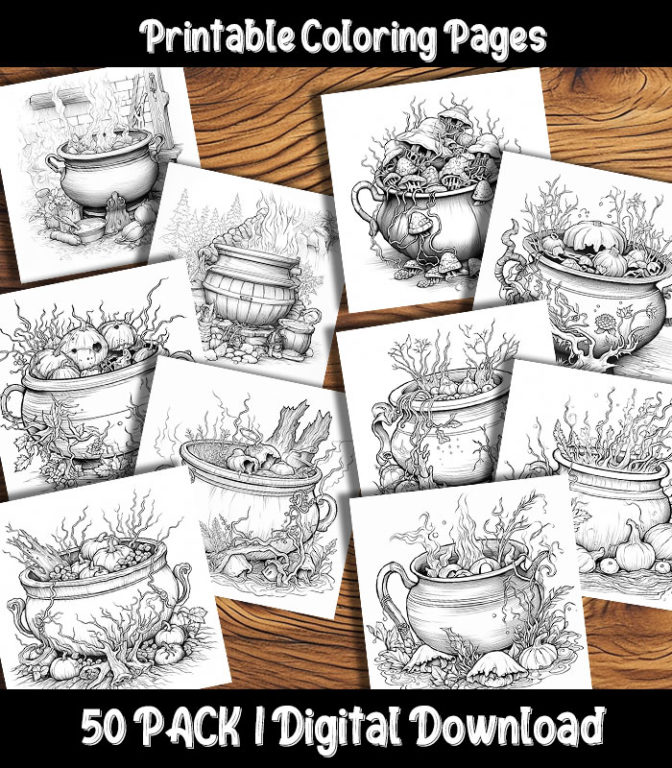 Cauldron Coloring Pages Digital 50 Pack | Happy Colorist