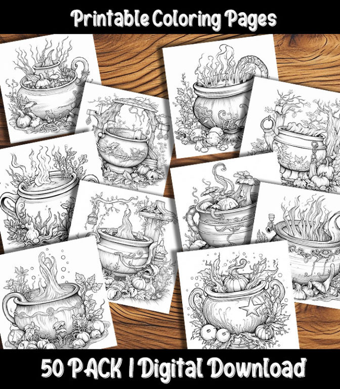 Cauldron Coloring Pages Digital 50 Pack | Happy Colorist