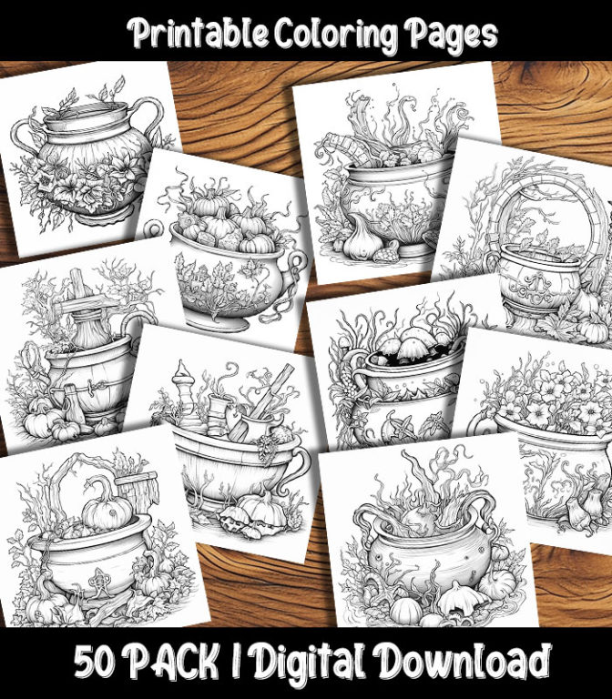 Cauldron Coloring Pages Digital 50 Pack | Happy Colorist