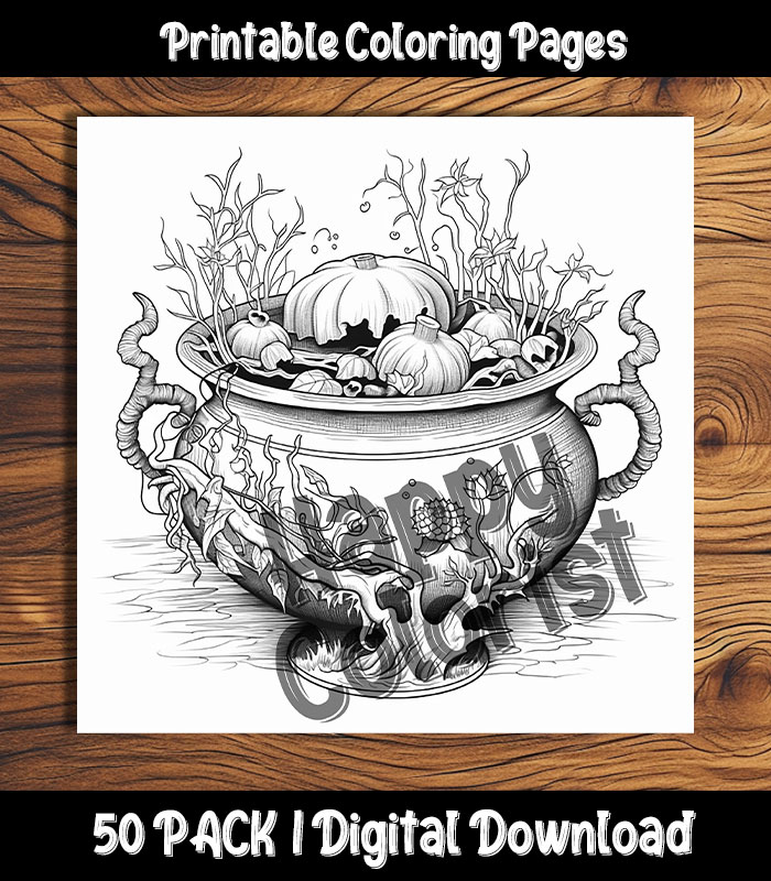 Cauldron Coloring Pages Digital 50 Pack | Happy Colorist