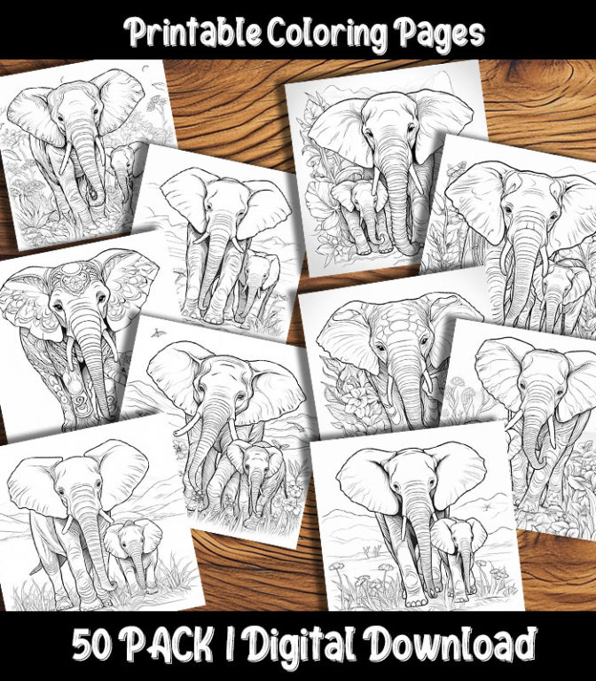 Elephant Coloring Pages Digital 50 Pack | Happy Colorist