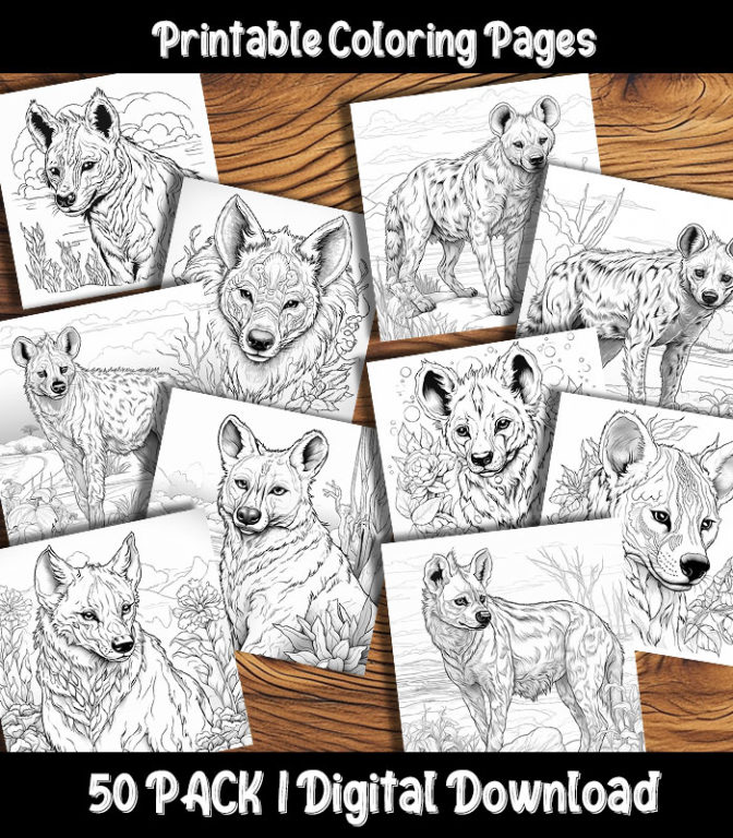 Hyena Coloring Pages Digital 50 Pack | Happy Colorist