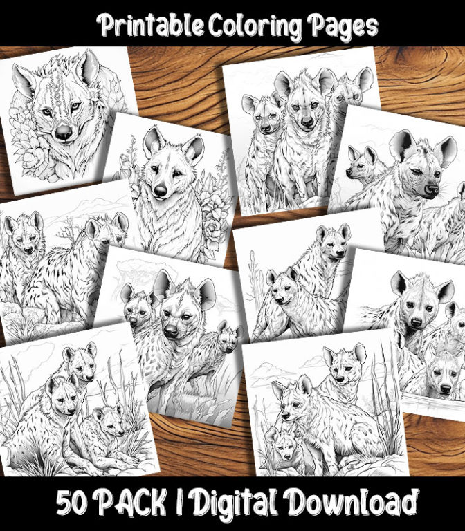 Hyena Coloring Pages Digital 50 Pack | Happy Colorist