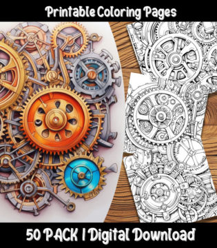 Steampunk Gears Coloring Pages Digital 50 Pack