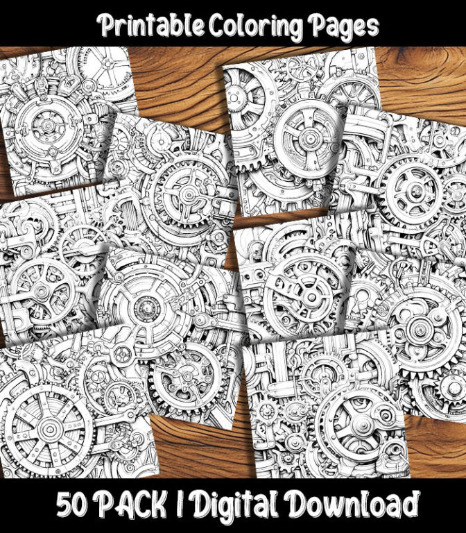 Steampunk Gears Coloring Pages Digital 50 Pack