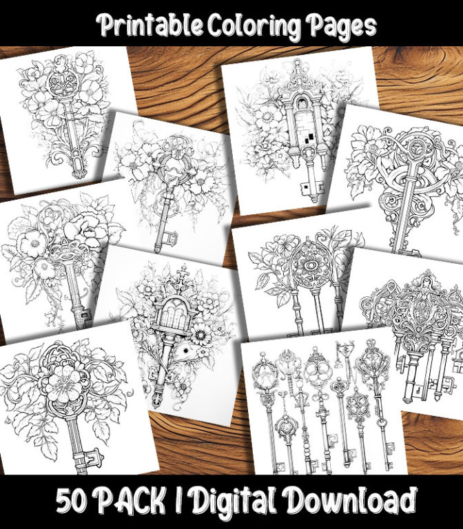 Keys Coloring Pages Digital 50 Pack | Happy Colorist