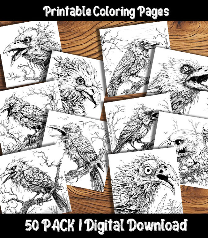 Zombie Bird Coloring Pages Digital 50 Pack | Happy Colorist