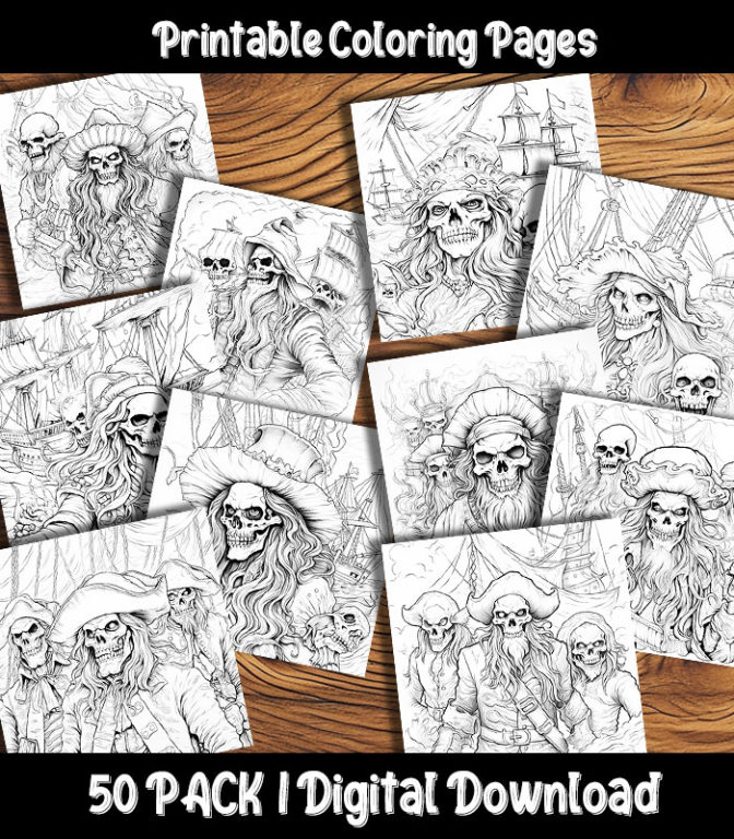 Ghost Pirate Coloring Pages Digital 50 Pack | Happy Colorist