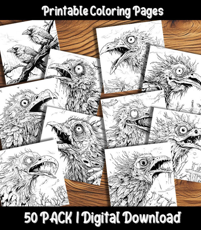 Zombie Bird Coloring Pages Digital 50 Pack | Happy Colorist
