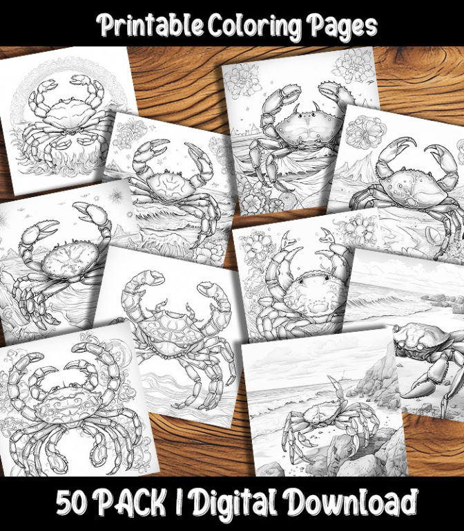 Crab Coloring Pages Digital 50 Pack | Happy Colorist