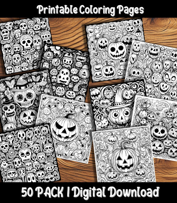 Halloween Pumpkin Pattern Coloring Pages Digital 50 Pack