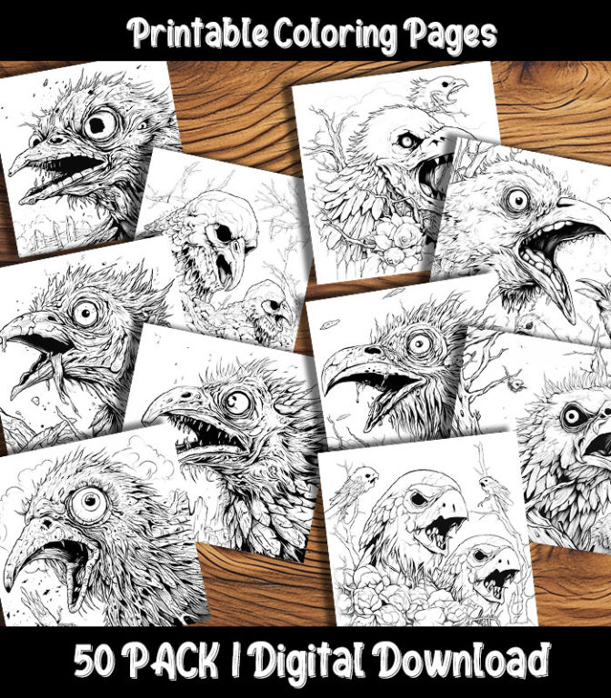 Zombie Bird Coloring Pages Digital 50 Pack | Happy Colorist