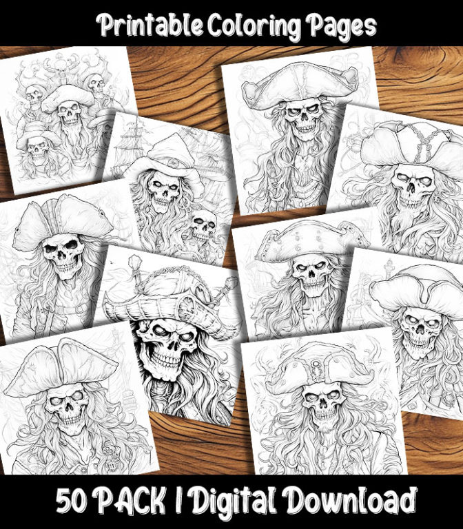 Ghost Pirate Coloring Pages Digital 50 Pack | Happy Colorist