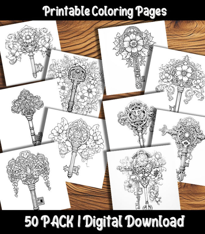 Keys Coloring Pages Digital 50 Pack | Happy Colorist