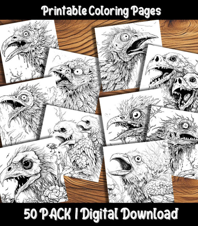 Zombie Bird Coloring Pages Digital 50 Pack | Happy Colorist