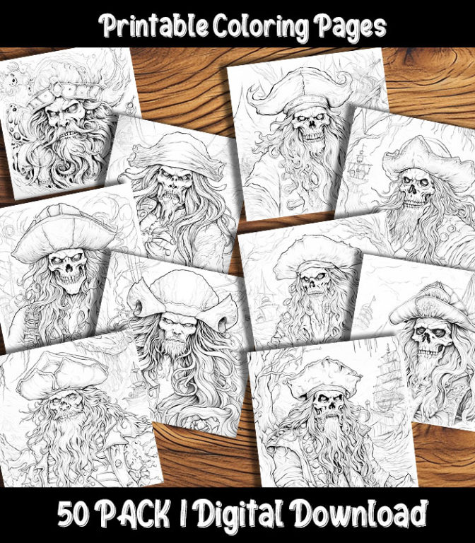 Ghost Pirate Coloring Pages Digital 50 Pack | Happy Colorist