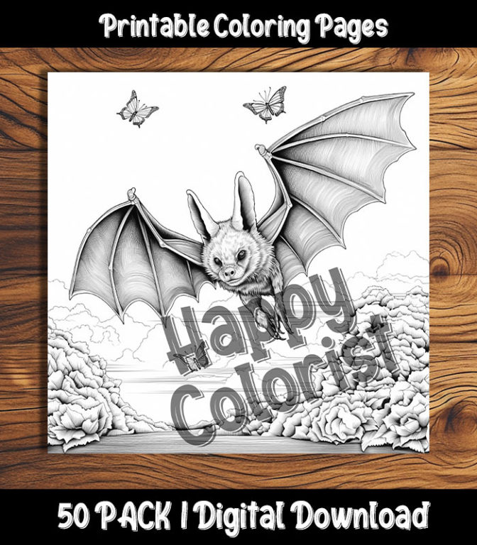 Bats Coloring Pages Digital 50 Pack | Happy Colorist