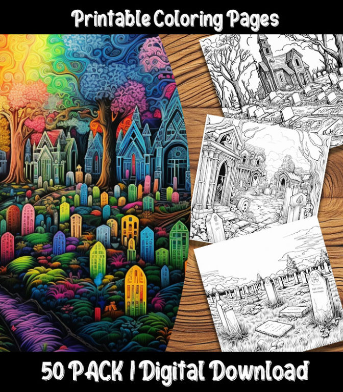 Cemetery Coloring Pages Digital 50 Pack | Happy Colorist