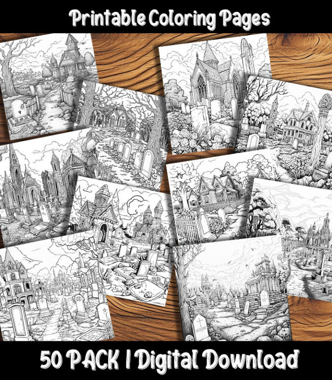 Cemetery Coloring Pages Digital 50 Pack | Happy Colorist