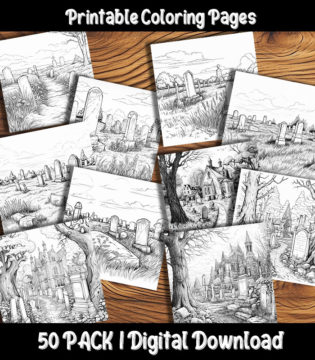 Cemetery Coloring Pages Digital 50 Pack | Happy Colorist