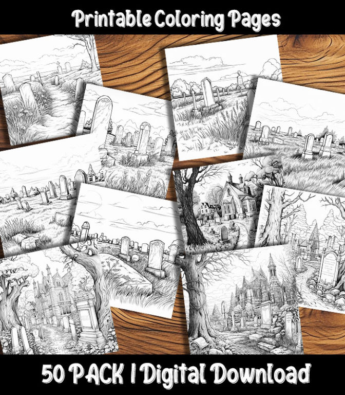 Cemetery Coloring Pages Digital 50 Pack | Happy Colorist