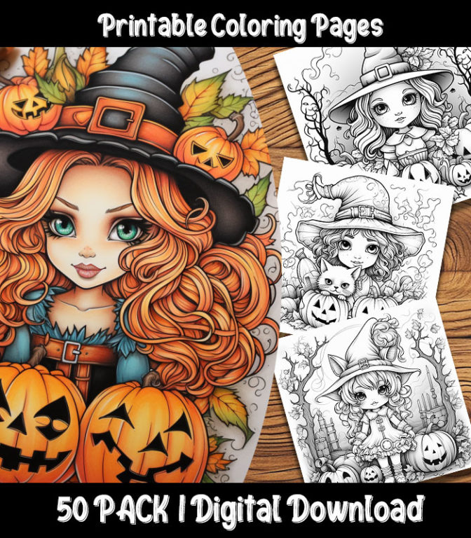 Cute Halloween Coloring Pages Digital 50 Pack | Happy Colorist