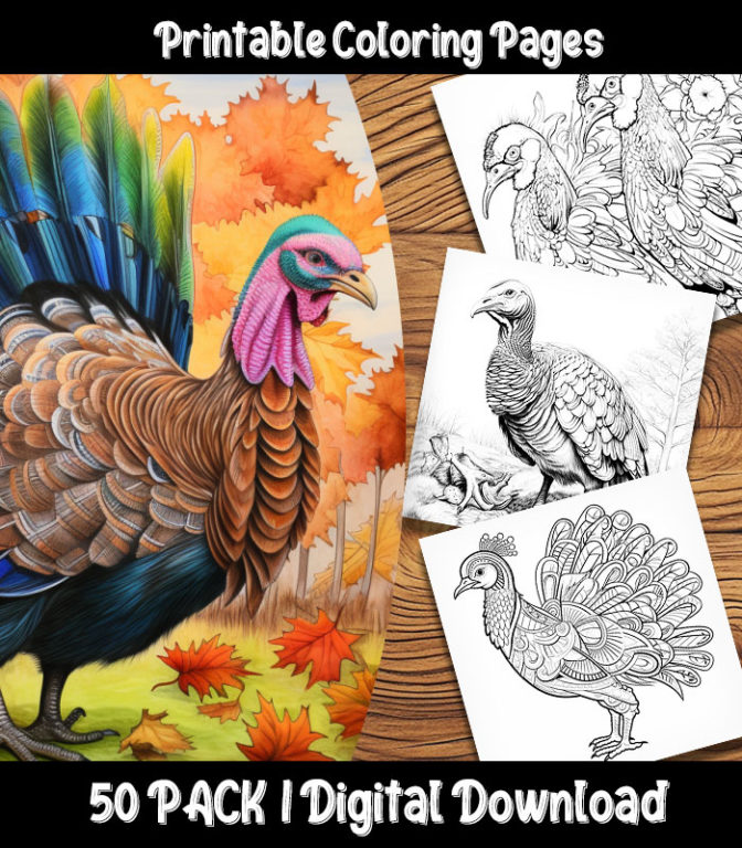 Turkey Coloring Pages Digital 50 Pack | Happy Colorist