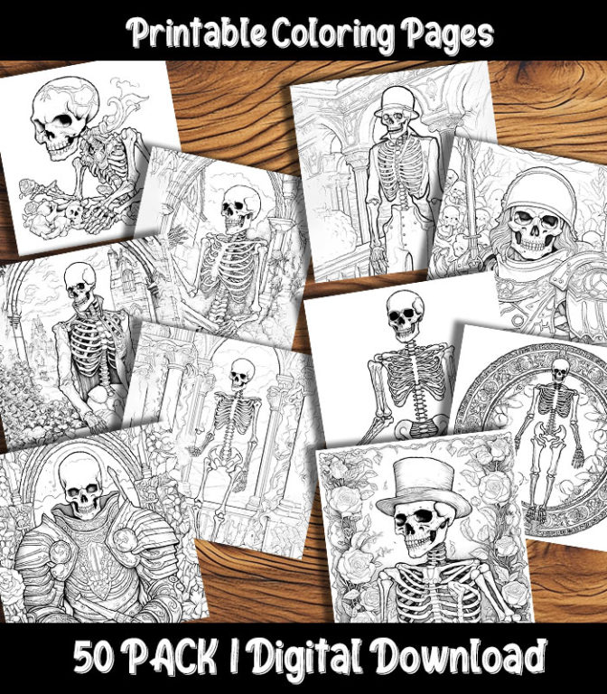 Skeleton Coloring Pages Digital 50 Pack | Happy Colorist