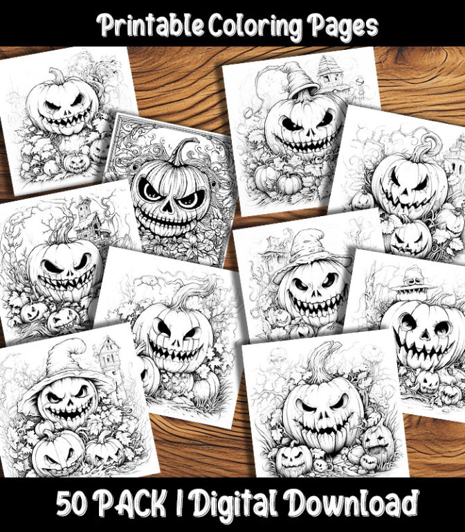 Halloween Pumpkin Coloring Pages Digital 50 Pack
