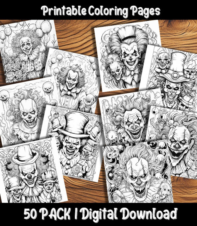 Creepy Clown Coloring Pages Digital 50 Pack | Happy Colorist