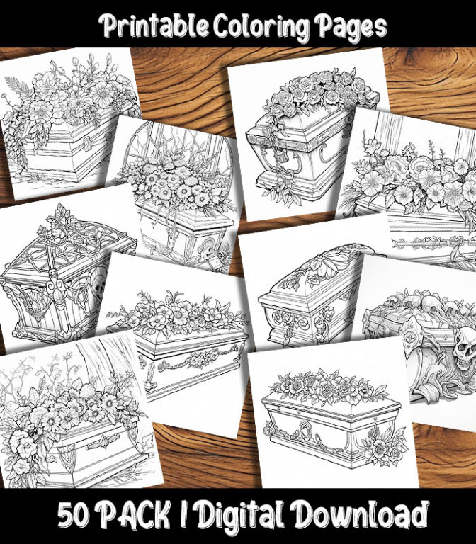 Coffin Coloring Pages Digital 50 Pack | Happy Colorist
