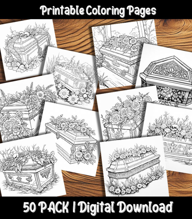Coffin Coloring Pages Digital 50 Pack | Happy Colorist