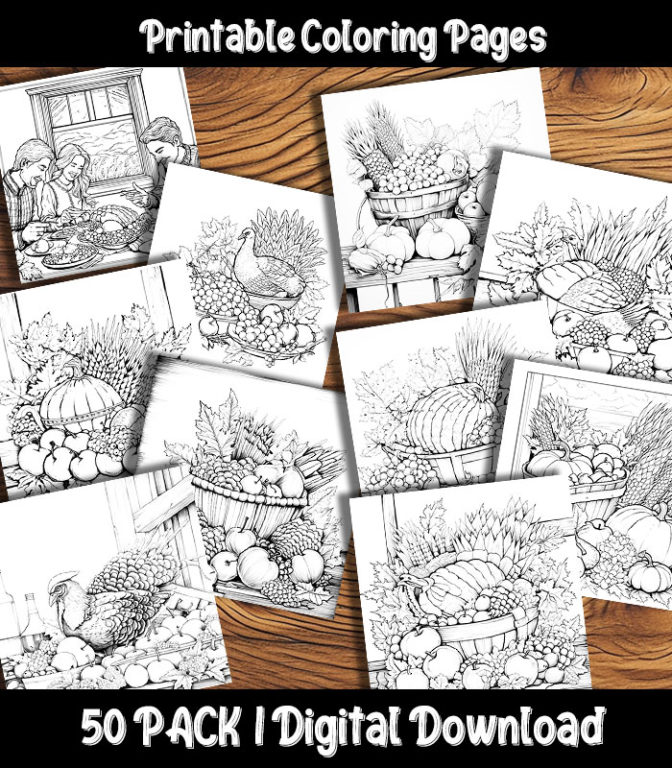 Thanksgiving Coloring Pages Digital 50 Pack | Happy Colorist