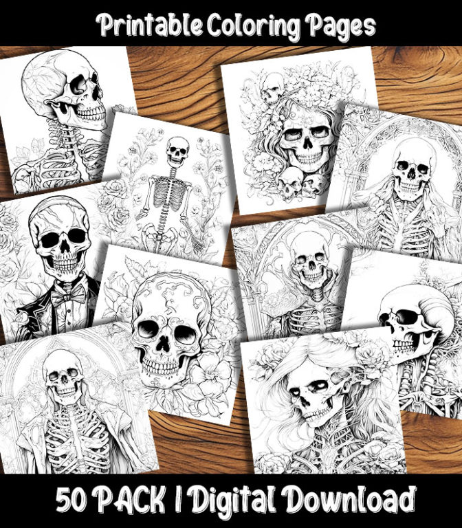 Skeleton Coloring Pages Digital 50 Pack | Happy Colorist