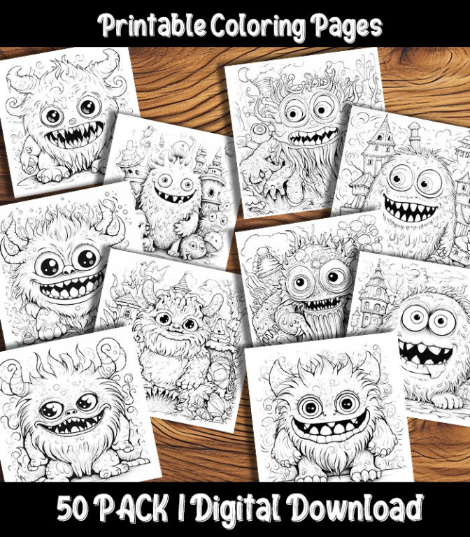 Monster Coloring Pages Digital 50 Pack | Happy Colorist