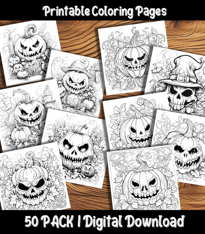 Halloween Pumpkin Coloring Pages Digital 50 Pack