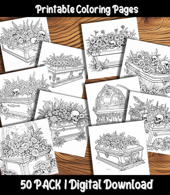 Coffin Coloring Pages Digital 50 Pack | Happy Colorist