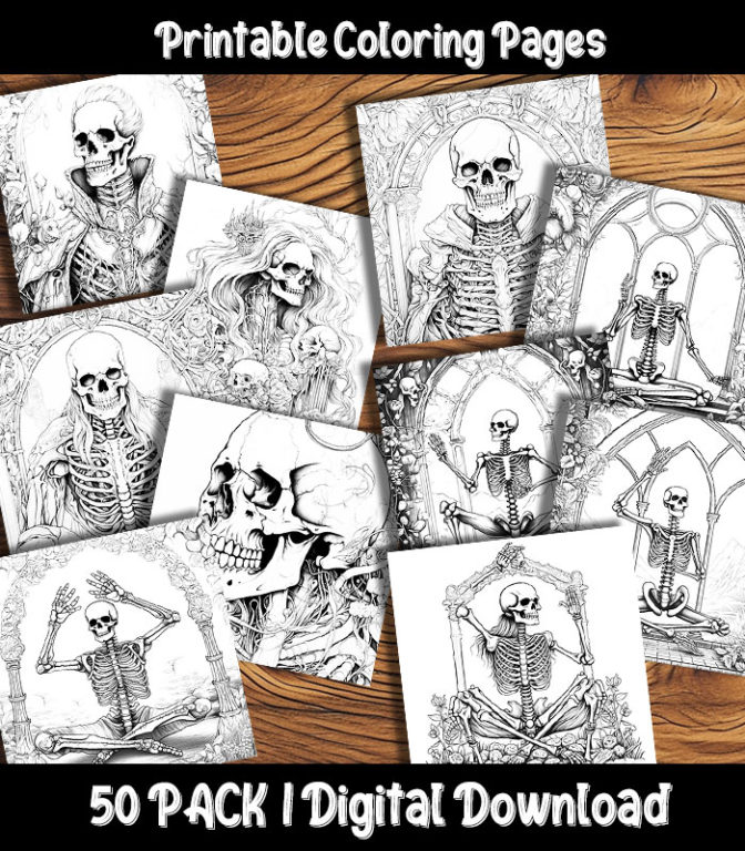 Skeleton Coloring Pages Digital 50 Pack | Happy Colorist