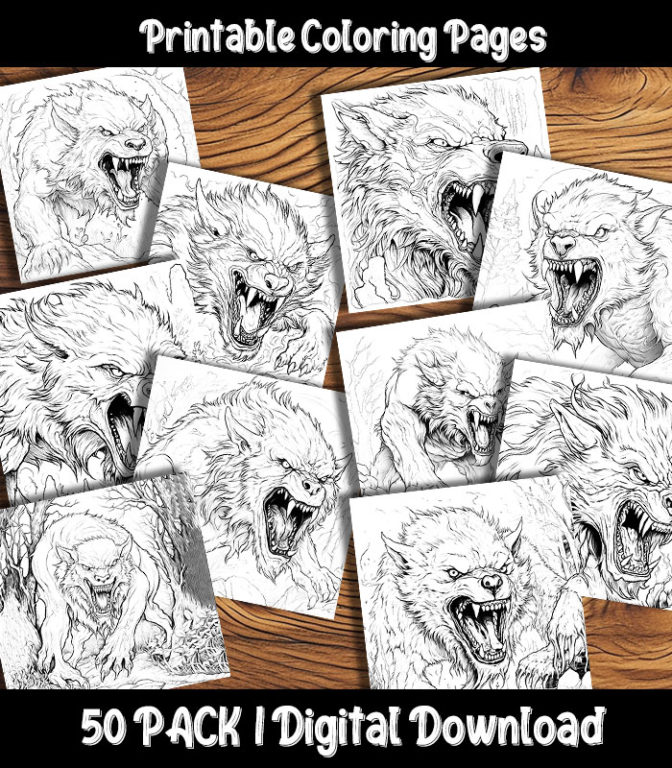 Werewolf Coloring Pages Digital 50 Pack | Happy Colorist