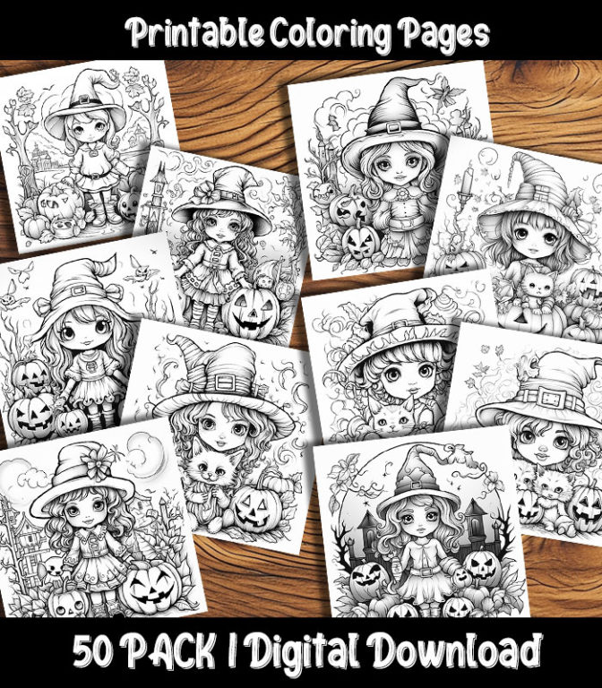 Cute Halloween Coloring Pages Digital 50 Pack | Happy Colorist
