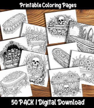 Coffin Coloring Pages Digital 50 Pack | Happy Colorist