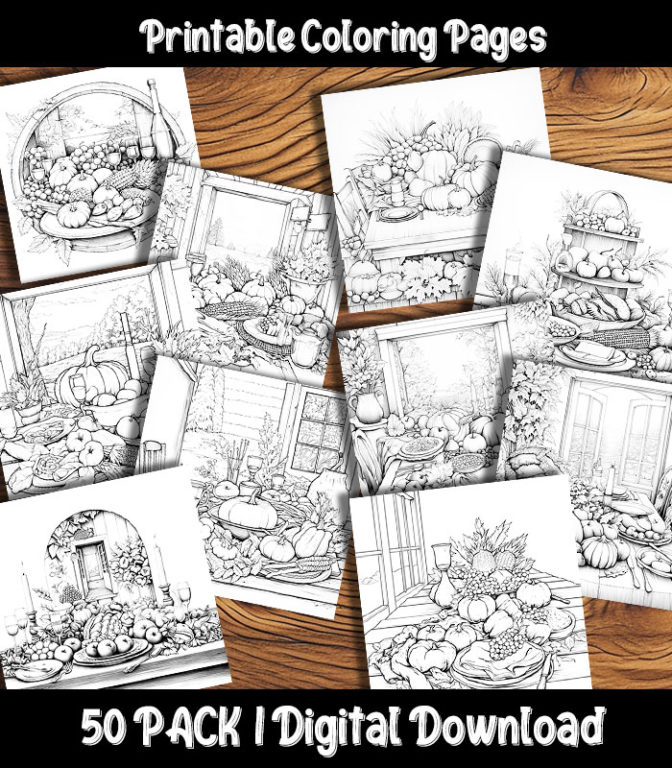 Thanksgiving Coloring Pages Digital 50 Pack | Happy Colorist