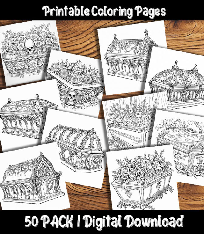 Coffin Coloring Pages Digital 50 Pack | Happy Colorist