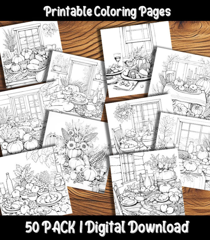 Thanksgiving Coloring Pages Digital 50 Pack | Happy Colorist