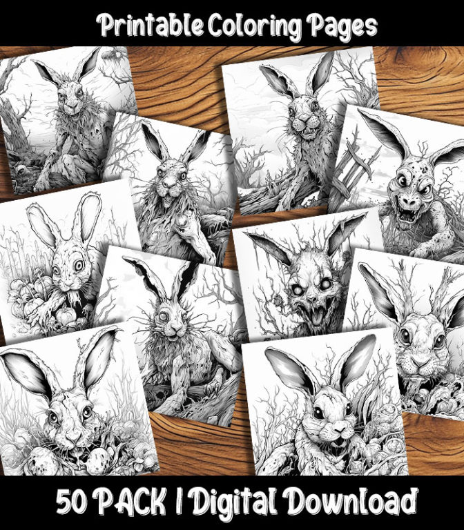 Zombie Bunny Coloring Pages Digital 50 Pack | Happy Colorist