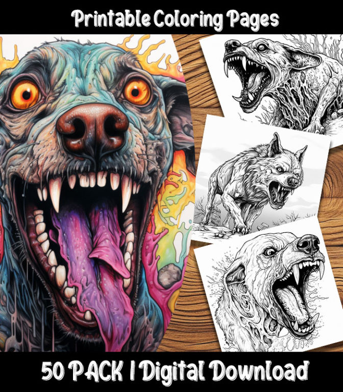 Zombie Dog Coloring Pages Digital 50 Pack