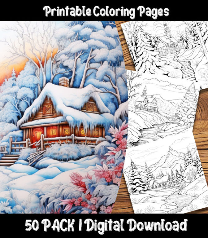 Winter Landscape Coloring Pages | The Happy Colorist