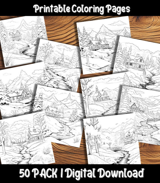 Winter Landscape Coloring Pages | The Happy Colorist